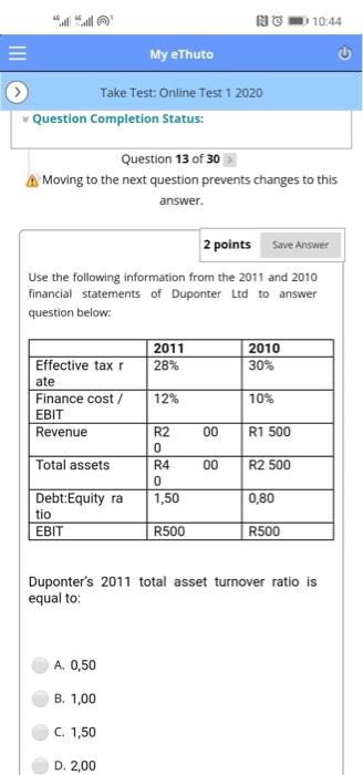 Solved 10:44 My eThuto Take Test: Online Test 1 2020 | Chegg.com