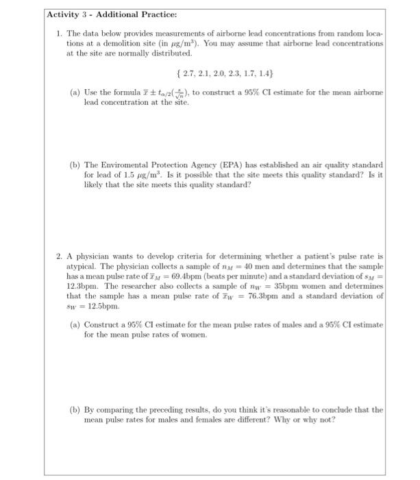 Solved Unit 3 - Confidence Intervals for a Population Mean | Chegg.com