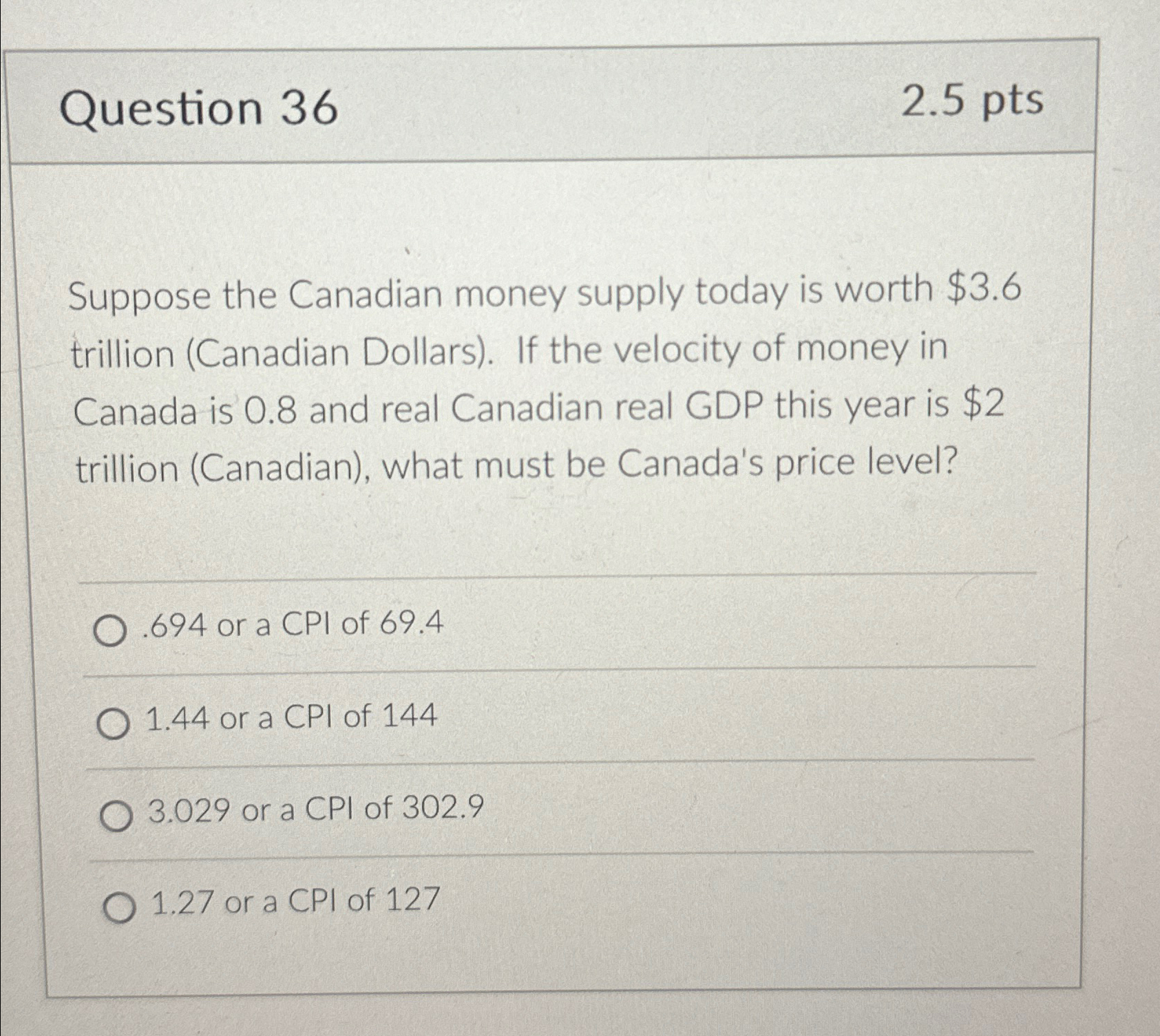 Solved Question 362.5ptsSuppose the Canadian money supply | Chegg.com