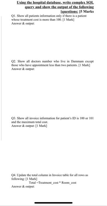 Solved Using the hospital database, write complex SQL query | Chegg.com