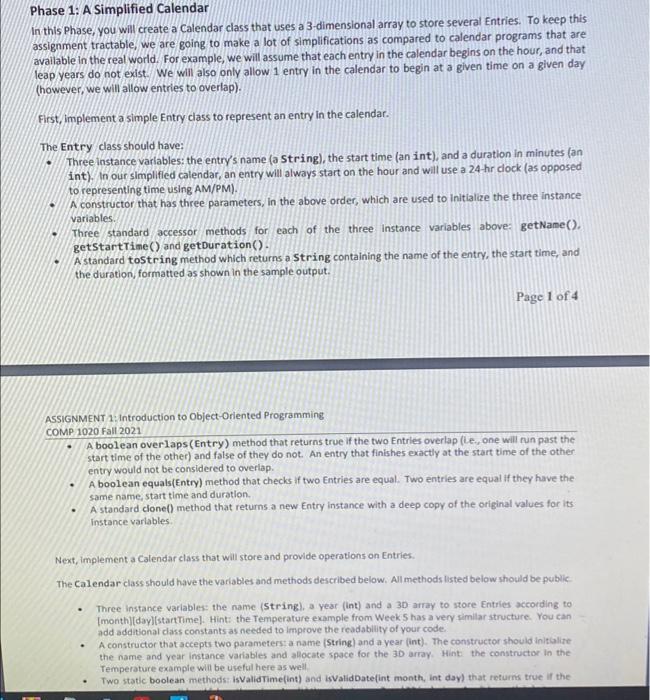 Solved Phase 1: A Simplified Calendar In this phase, you | Chegg.com