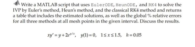 Solved Write a MATLAB script that uses EulerODE, HeunODE, | Chegg.com