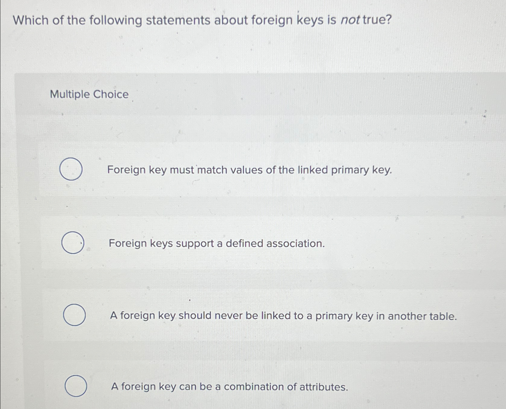 Solved Which of the following statements about foreign keys | Chegg.com