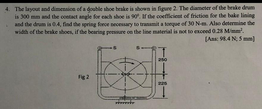 Solved 4. The layout and dimension of a double shoe brake is | Chegg.com