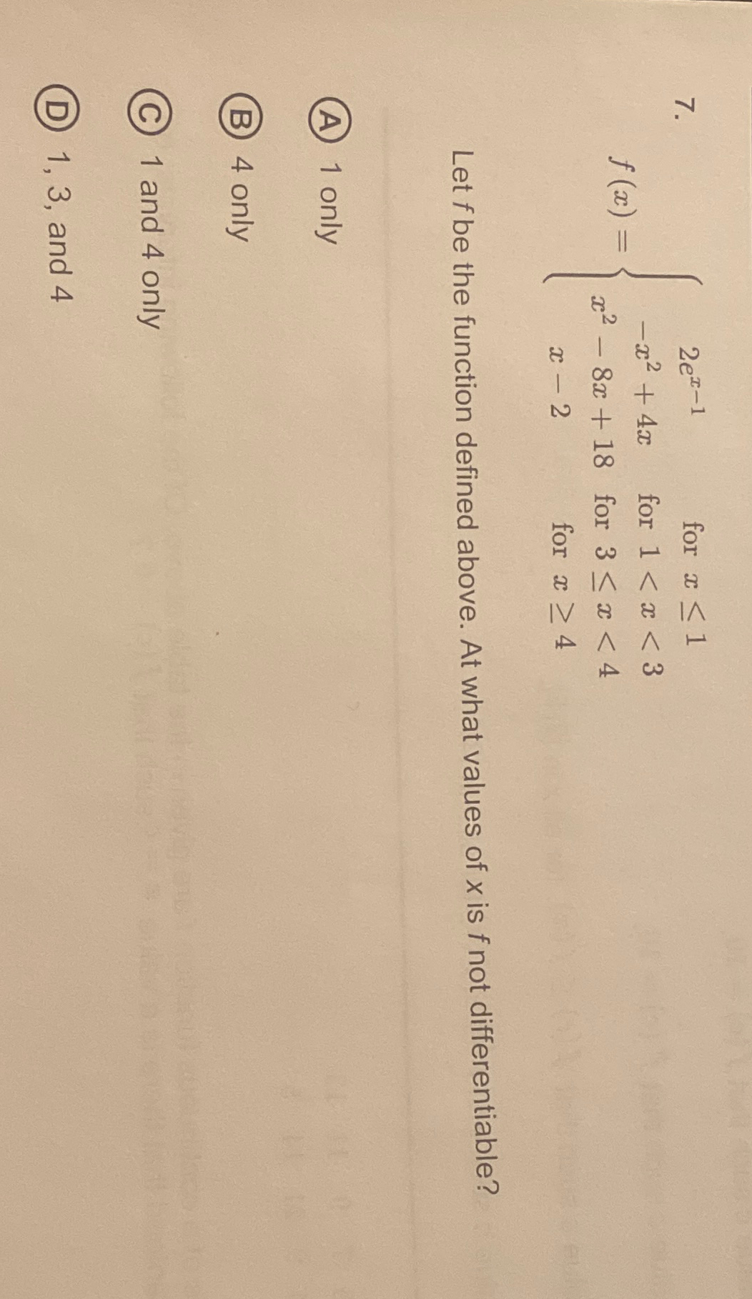 Solved f(x)={2ex-1 for x≤1-x2+4x for 1=4Let f ﻿be the | Chegg.com