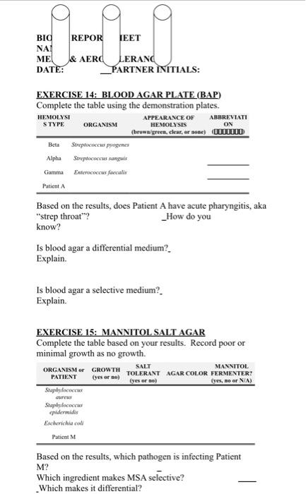EXERCISE 14: BLOOD AGAR PLATE(BAP) Complete the table | Chegg.com