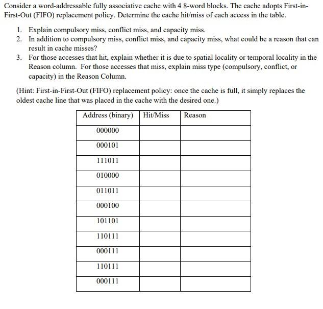 Solved Consider a word-addressable fully associative cache | Chegg.com