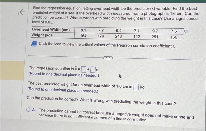 Find the regression equation, letting overhead width | Chegg.com