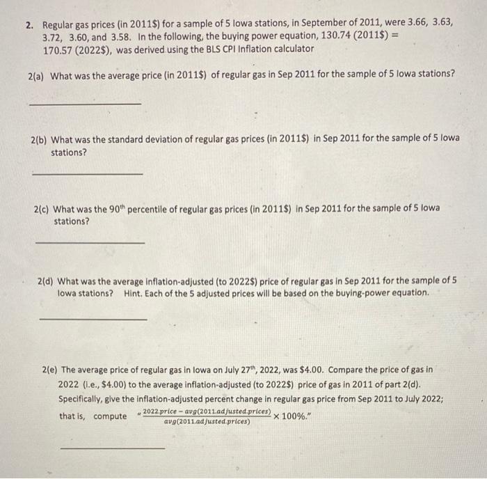 Solved 2. Regular gas prices (in 2011\$) for a sample of 5 | Chegg.com