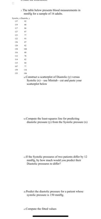 Solved The table below presents blood measurements in mmHg | Chegg.com