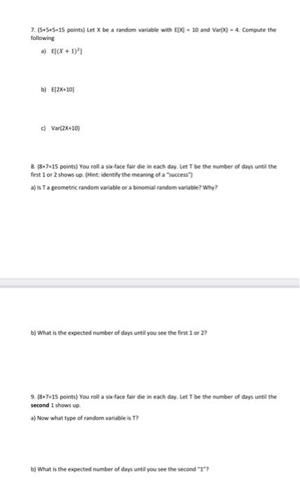 Solved 7. (5+5+5=15 points) Let X be a random variable with | Chegg.com