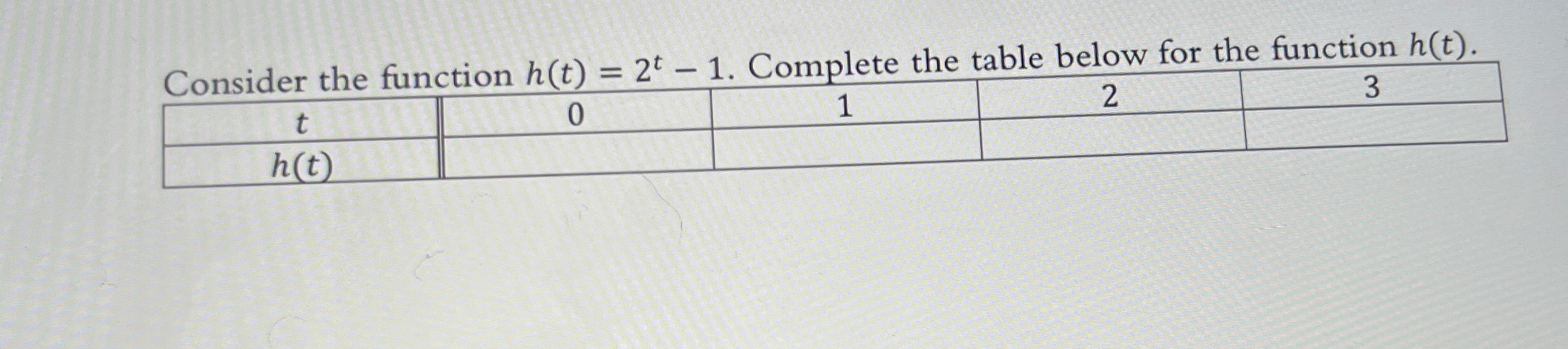 Solved Consider the function h(t)=2t-1. ﻿Complete the table | Chegg.com