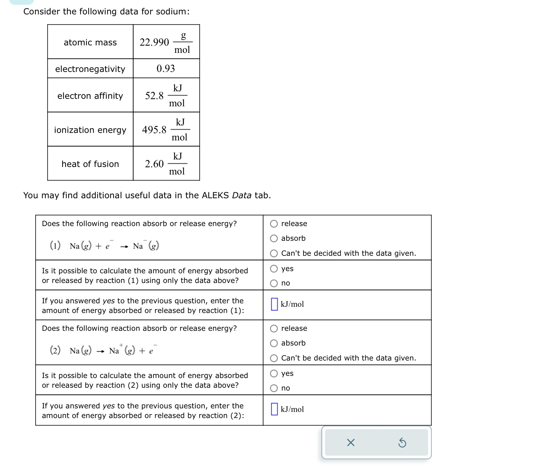 Solved Consider the following data for sodium:\table[[atomic | Chegg.com