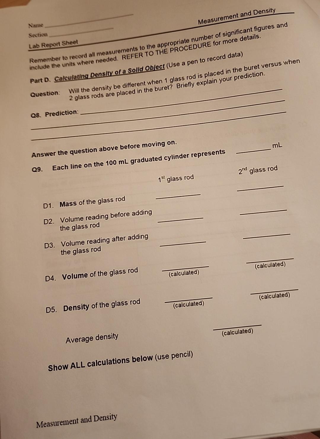 Solved NameMeasurement and DensitySectionLab Report | Chegg.com