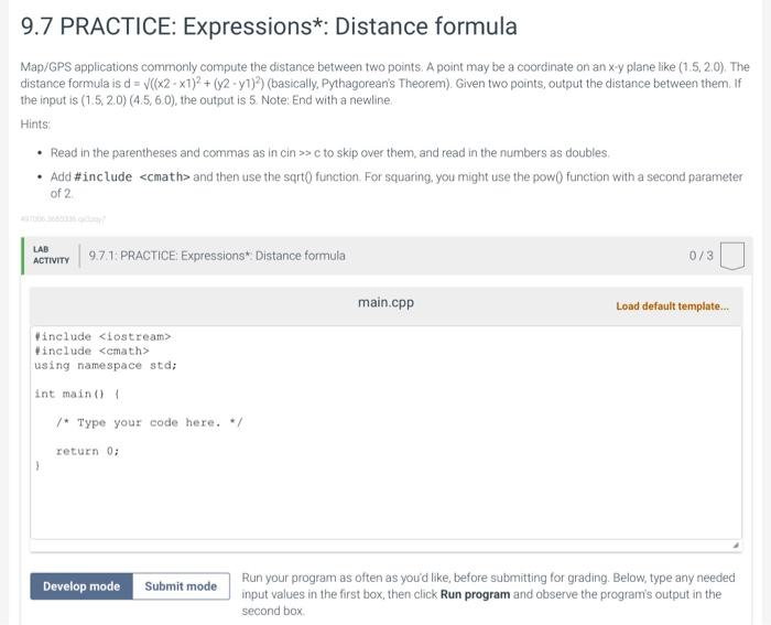 Solved 9.7 PRACTICE: Expressions*: Distance formula Map/GPS | Chegg.com