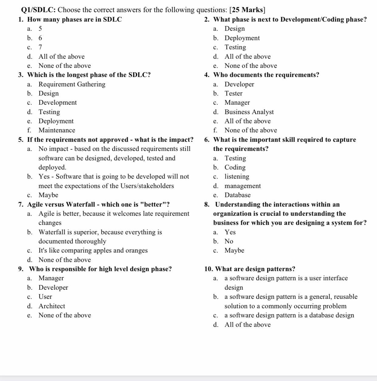 Solved a. a. Q1/SDLC: Choose the correct answers for the | Chegg.com