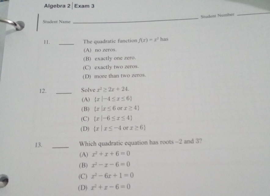 Solved Algebra 2 Exam 3Student Name Student Number11.The | Chegg.com Solved Algebra 2 Exam 3Student Name Student Number11.The | Chegg.com