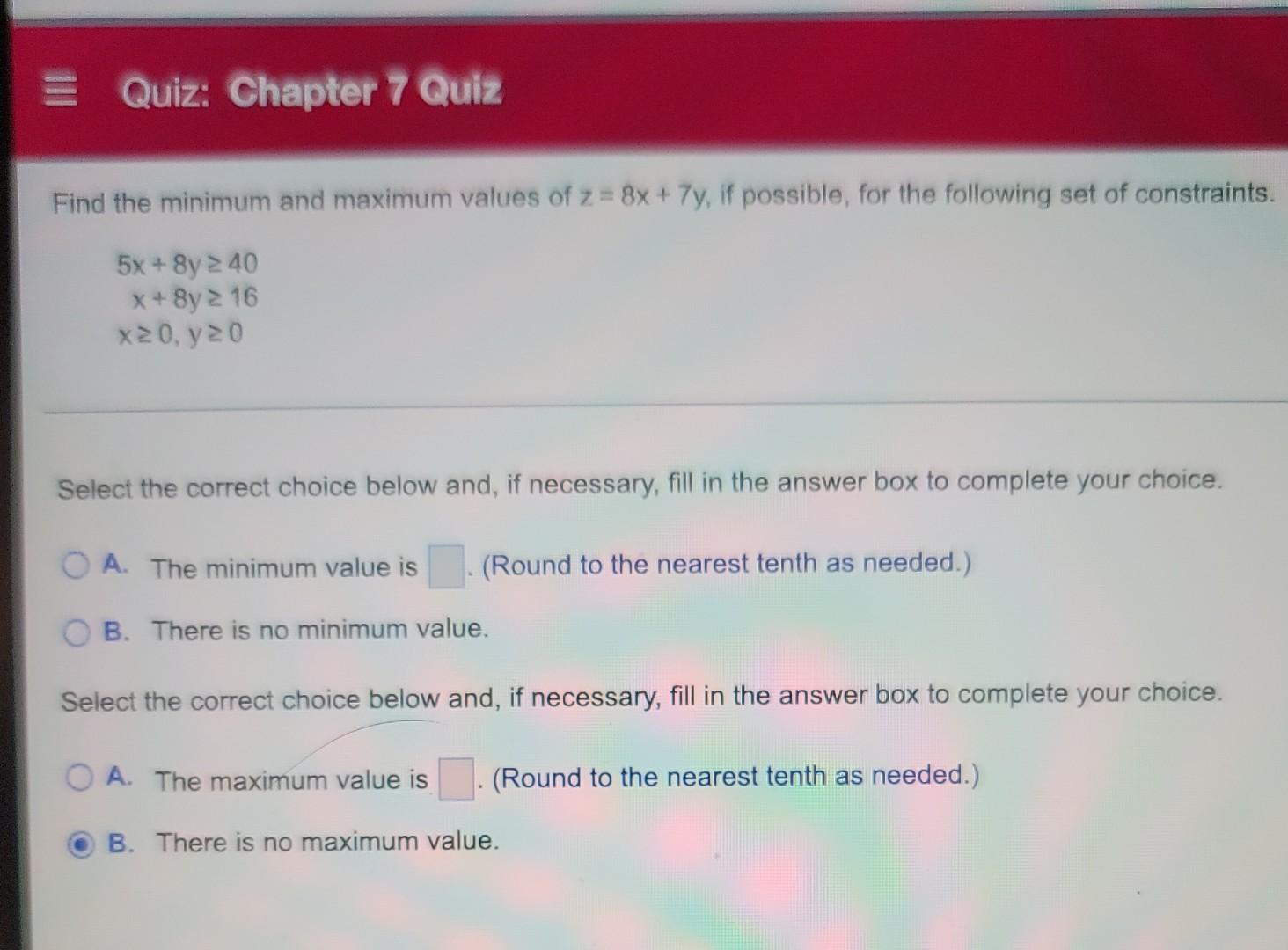 Solved = Quiz: Chapter 7 Quiz Find the minimum and maximum | Chegg.com