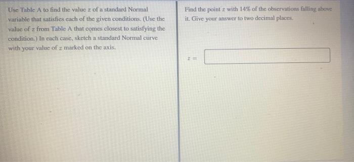 Solved Use Table A to find the value z of a standard Normal | Chegg.com