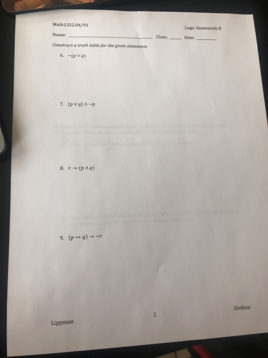 Solved Math1332.04/91 Logic Homework B Name: Class: Date: | Chegg.com