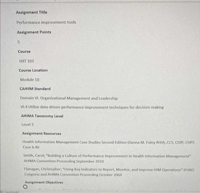Assignment Title Performance improvement tools | Chegg.com