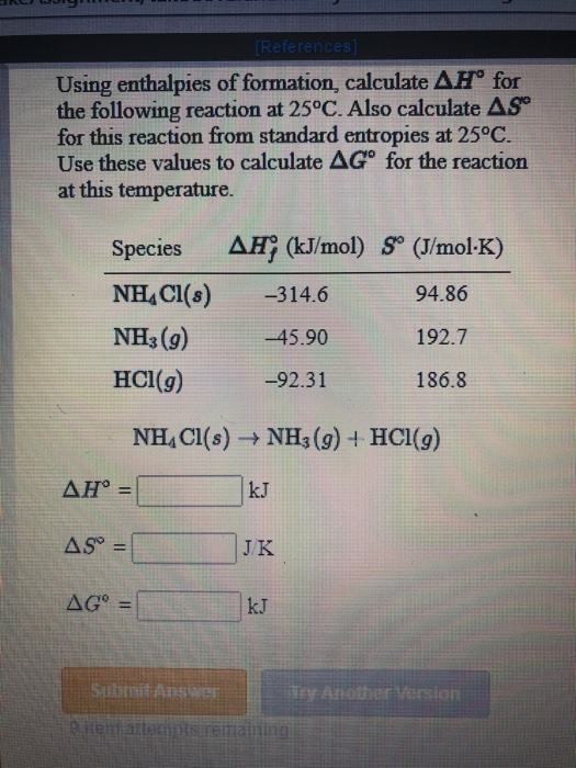 Solved References Using enthalpies of formation, calculate | Chegg.com