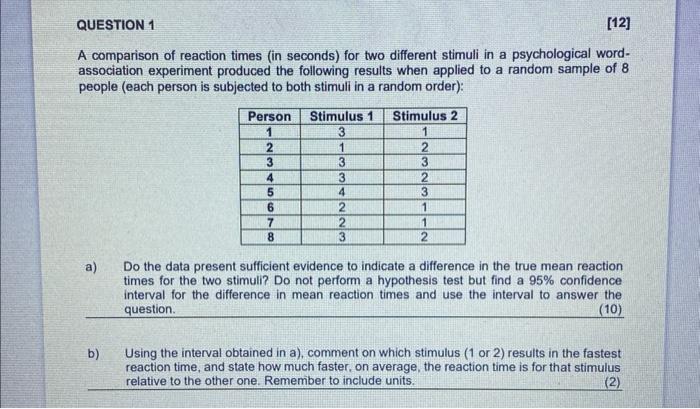 Solved A comparison of reaction times (in seconds) for two | Chegg.com
