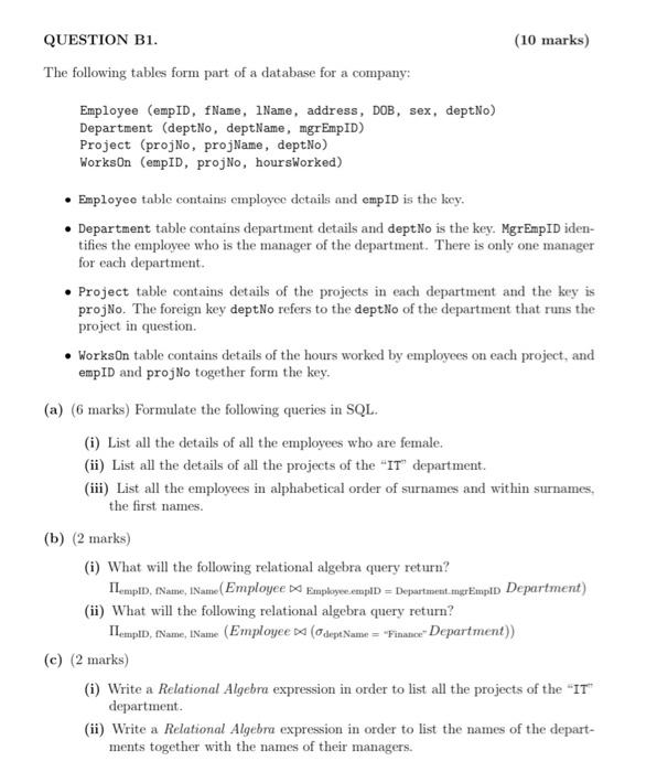 Solved QUESTION B1. (10 marks) The following tables form | Chegg.com