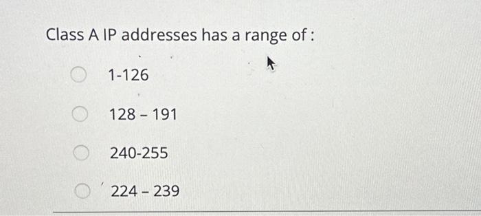 Solved Class A IP addresses has a range of: 1−126 128−191 | Chegg.com