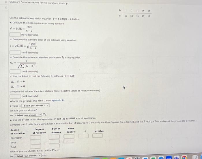 Solved Given are five observations for two variables, x and | Chegg.com