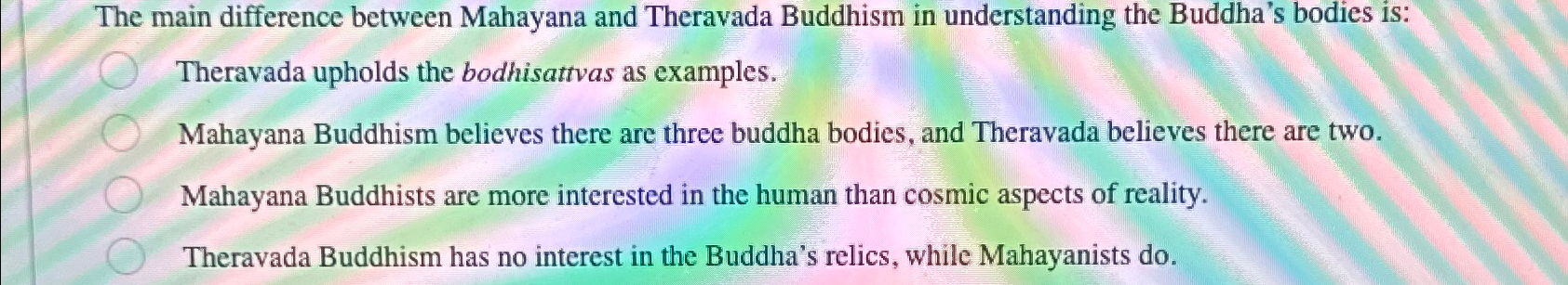 Solved The main difference between Mahayana and Theravada | Chegg.com