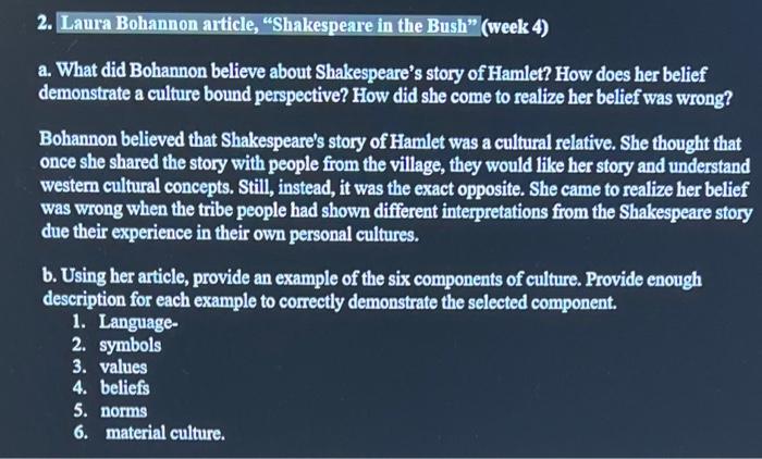 2. Laura Bohannon article, "Shakespeare in the Bush" | Chegg.com