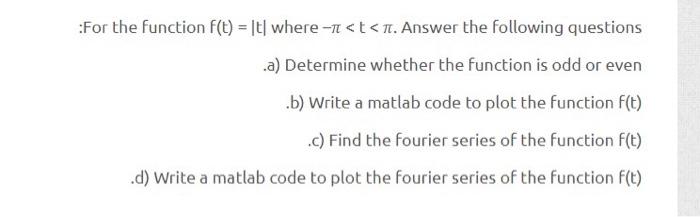 : For the function f(t)=∣t∣ where −π | Chegg.com