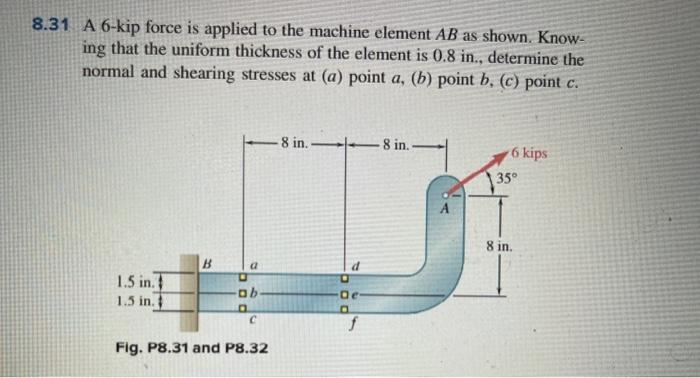 Solved 8.31 A 6-kip force is applied to the machine element | Chegg.com