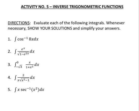 Solved ACTIVITY NO. 5 - INVERSE TRIGONOMETRIC FUNCTIONS | Chegg.com