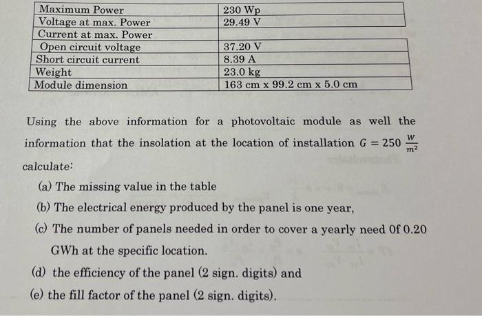 Solved Using the above information for a photovoltaic module | Chegg.com