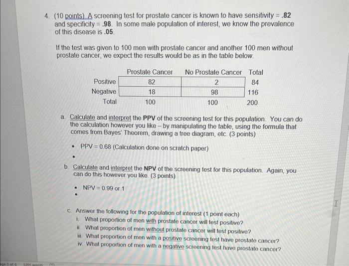 Solved (10 points) A screening test for prostate cancer is | Chegg.com