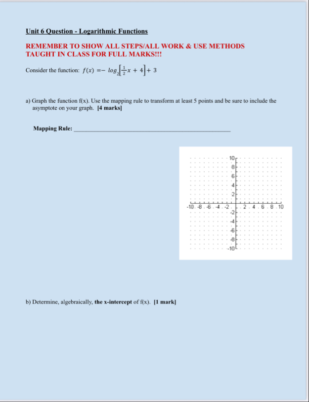 Solved Unit 6 ﻿Question - ﻿Logarithmic FunctionsREMEMBER TO | Chegg.com