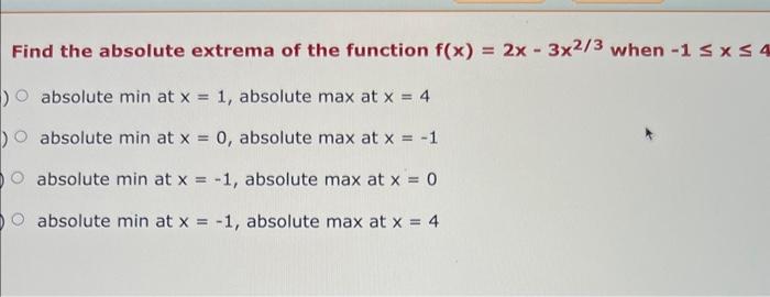 Solved Find the absolute extrema of the function | Chegg.com