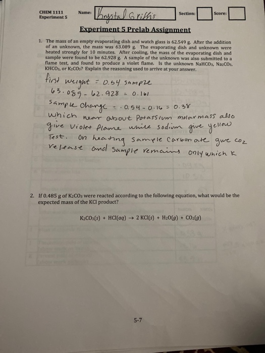 Solved CHEM 1111 Name: Section: Score: Experiment 9 | Chegg.com