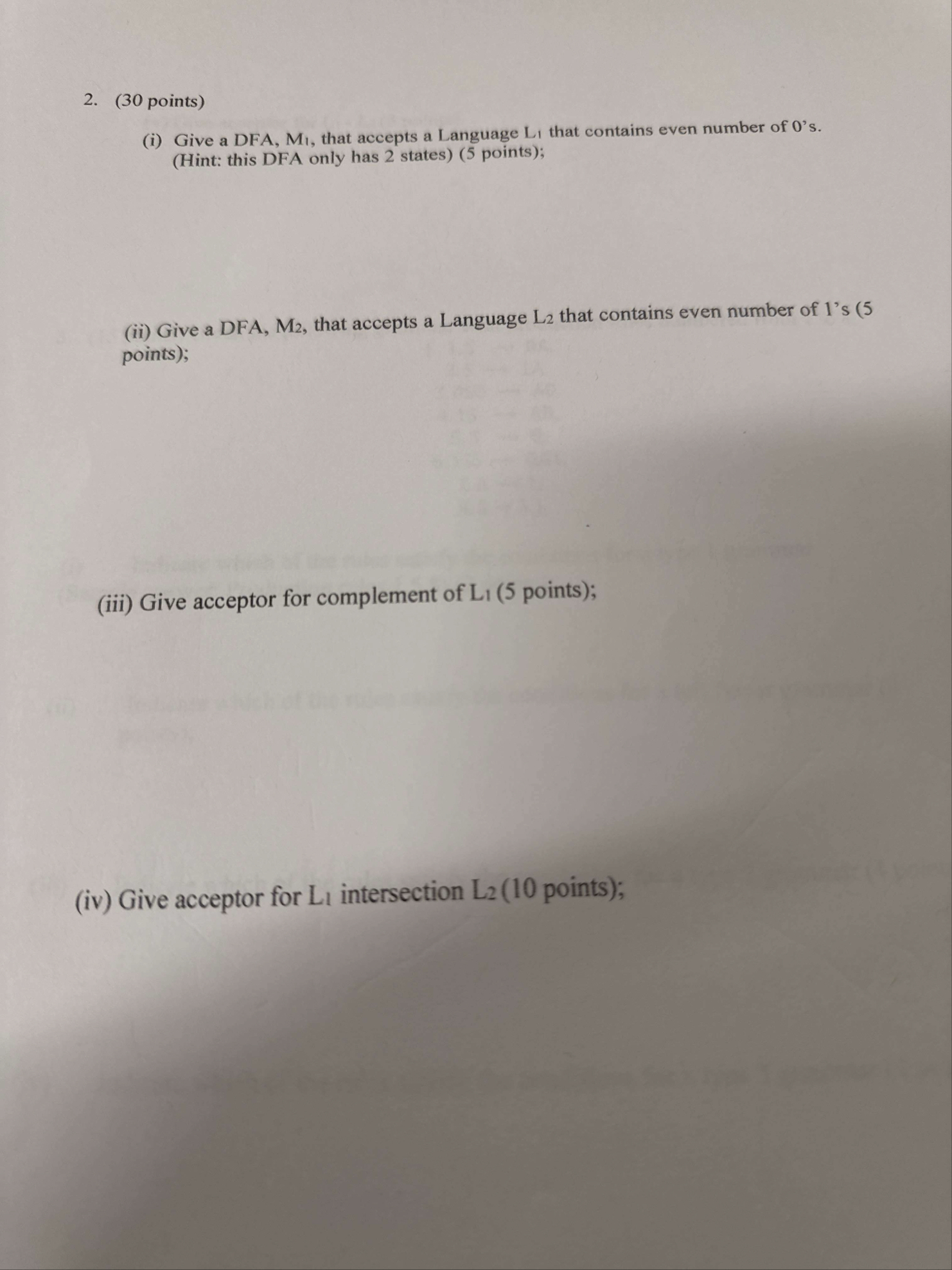 Solved (30 ﻿points)(i) ﻿Give a DFA, M1, ﻿that accepts a | Chegg.com