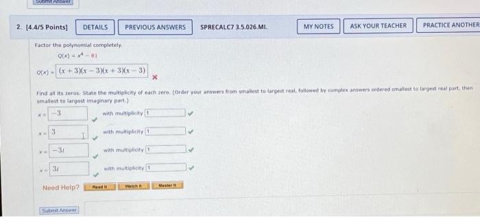 Solved Submit Answer 2. [4.4/5 Points] DETAILS Factor the | Chegg.com