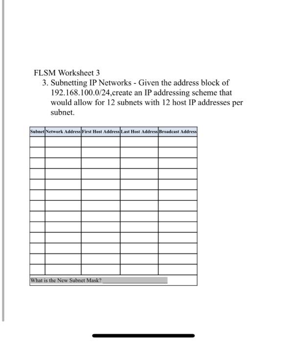 Solved Flsm Work Sheet1 1 Subnetting Ip Networks Given