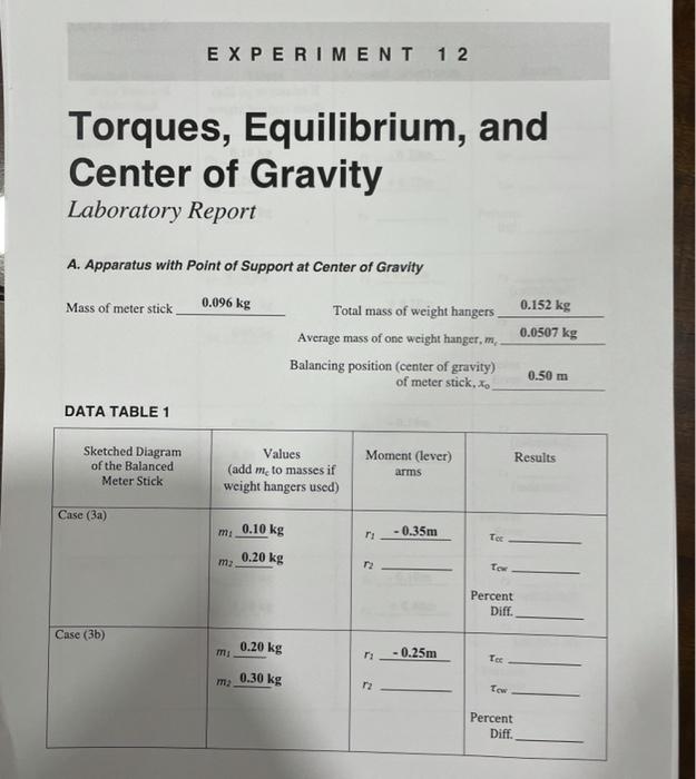 Solved EXPERIMENT 1 2 Torques, Equilibrium, and Center of | Chegg.com