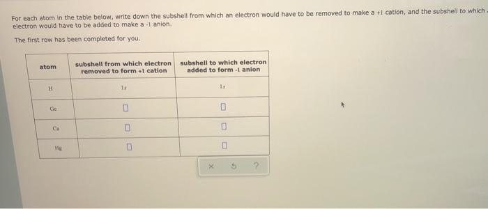 Solved For each atom in the table below, write down the | Chegg.com