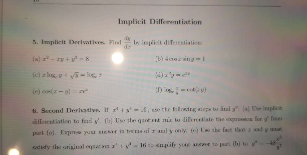 Solved Implicit Differentiation 5. Implicit Derivatives. | Chegg.com