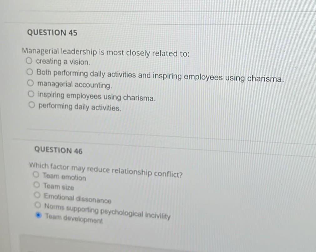 Solved QUESTION 45 Managerial leadership is most closely | Chegg.com