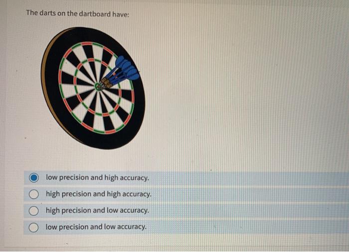 Solved The darts on the dartboard have: low precision and | Chegg.com