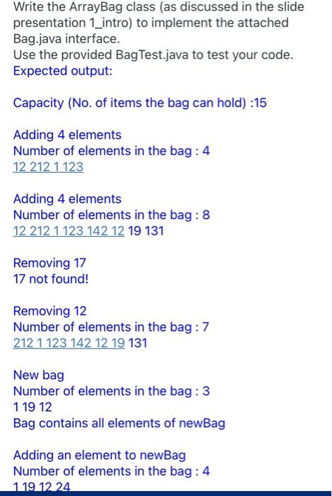 Solved Write the ArrayBag class (as discussed in the slide | Chegg.com