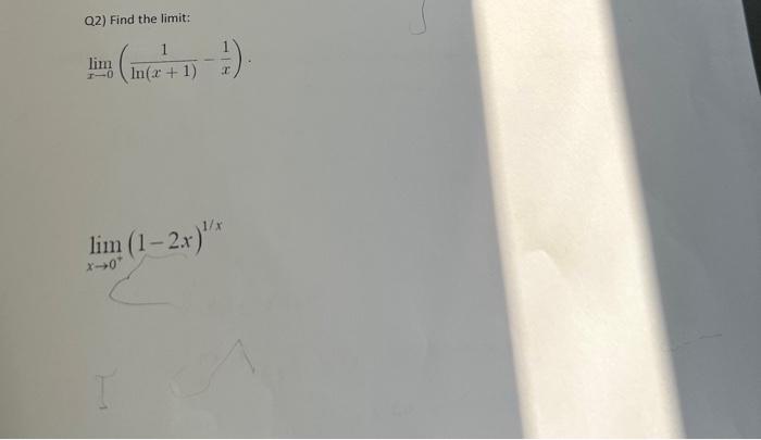 Solved Q2) Find the limit: limx→0(ln(x+1)1−x1). | Chegg.com